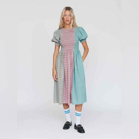 Lazy Oaf | Dresses | Lazy Oaf Patchwork Plaid Midi Dress Puff Sleeve ...